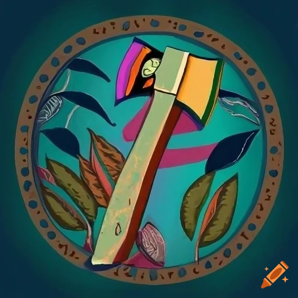 Colored axe in a shield surrounded by laurel leaves in picasso style on ...