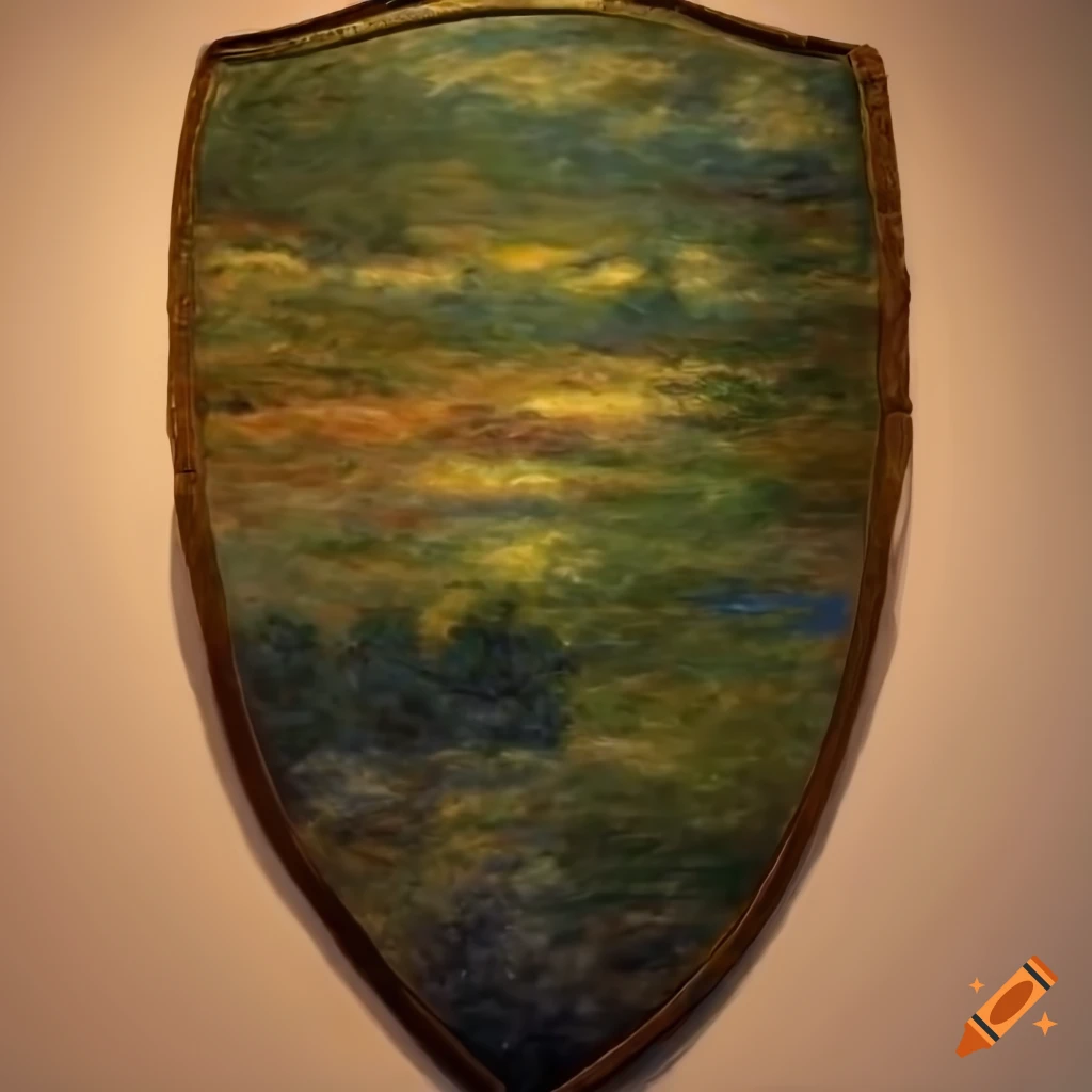 Large ornate shield in Monet-style landscape painting on Craiyon