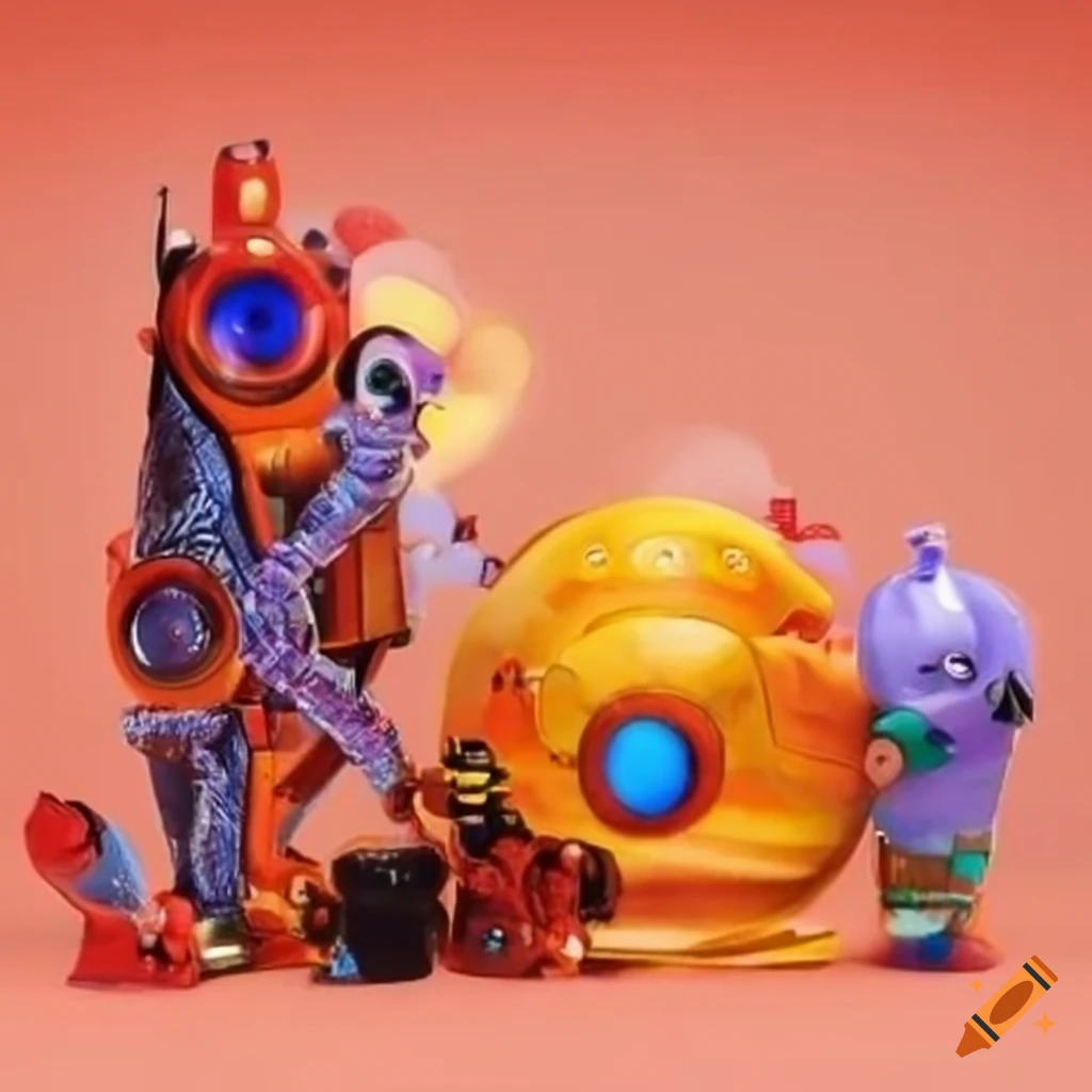 Strange transparent toy cars, trucks, dolls, houses, soldiers, robots ...