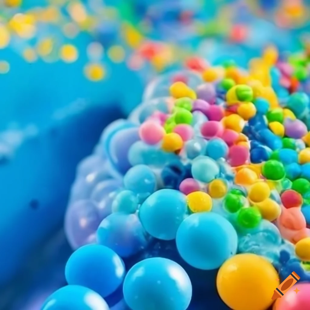 Blue slime ball in a void surrounded by smaller slime balls on Craiyon