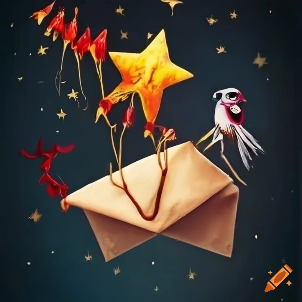 Shooting star and bird with envelope in a tim burton style on Craiyon