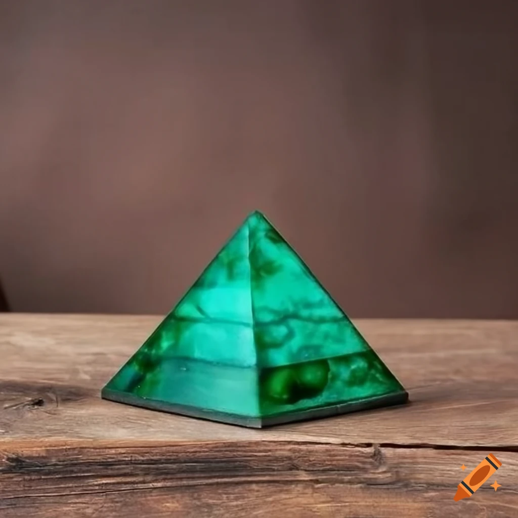 Ornamental bronze pyramid with jade inserts on a dusty wooden desk on ...