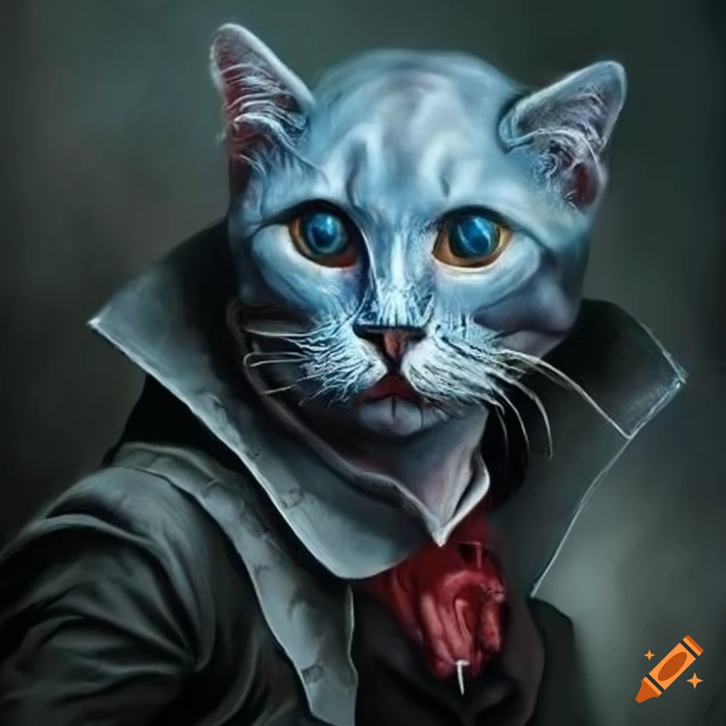 Realistic blue vampire with humanoid cat head in military suit in ...