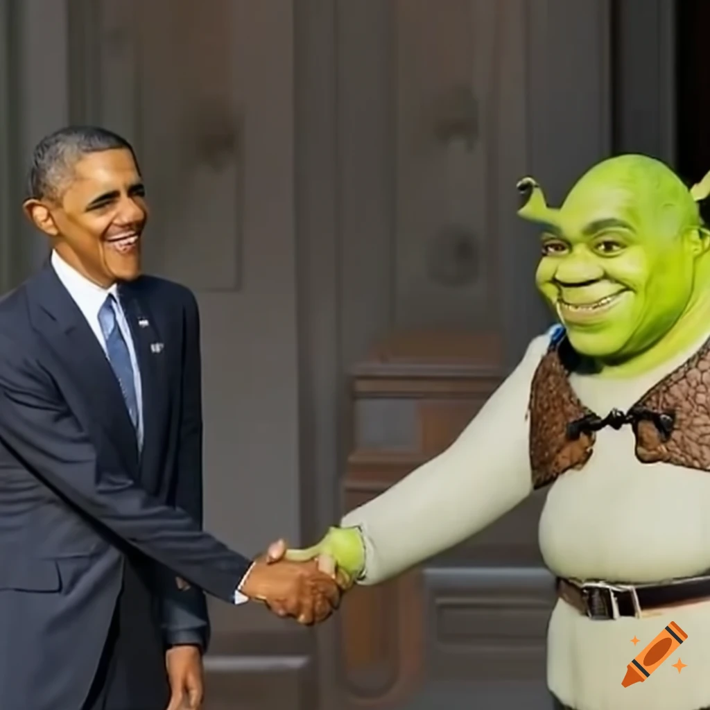 Barack Obama shaking hands with Shrek on Craiyon