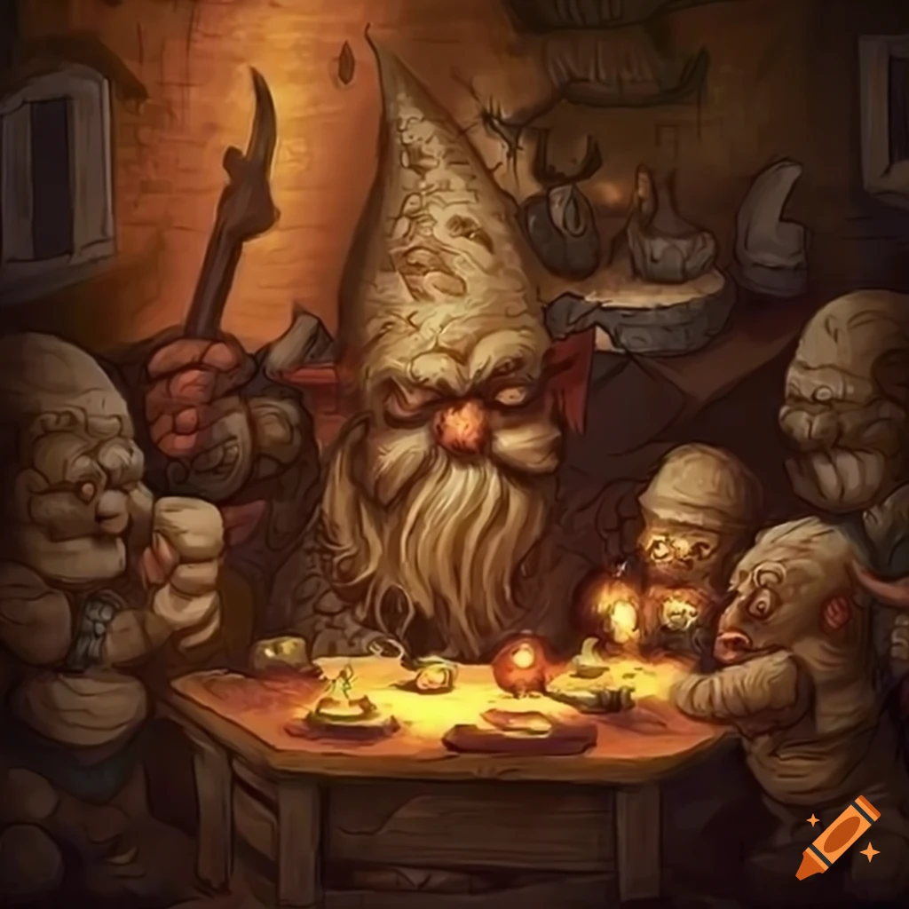 Intricate tavern scene with thousands of tiny gnomes including a dwarf on Craiyon