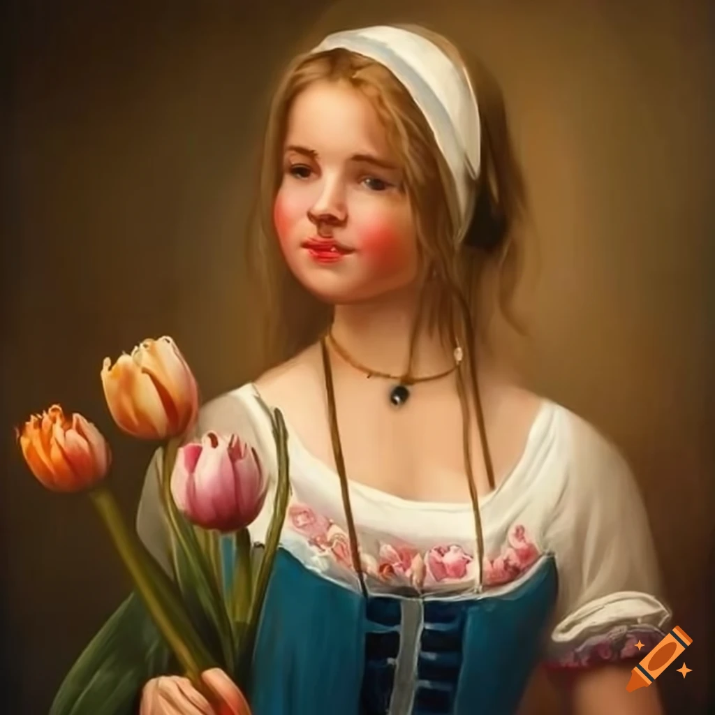 Exquisite dutch-style painting of beautiful girls selling tulips on Craiyon