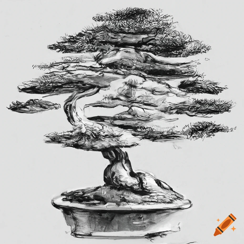 Old-looking pine bonsai drawn with black and white pencil palette on ...