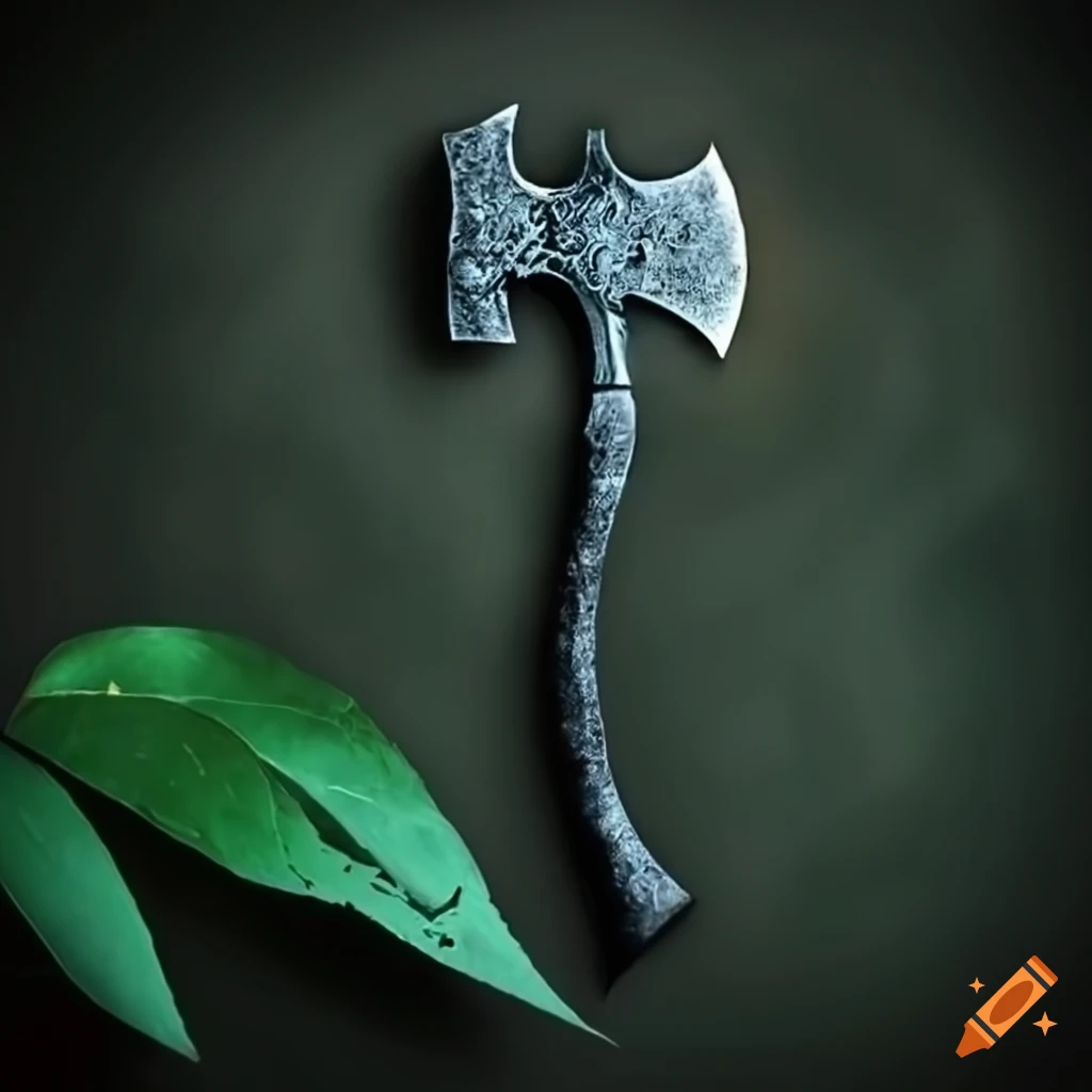 Dark axe surrounded by laurel leaves in tim burton style on Craiyon