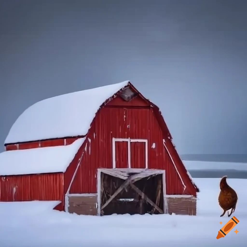 Snowy giant holding barn on a big chicken on Craiyon