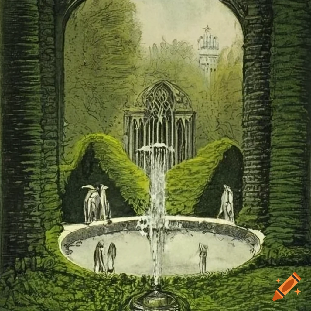Edward Gorey's gothic garden with hedges, spires, and water fountain on ...