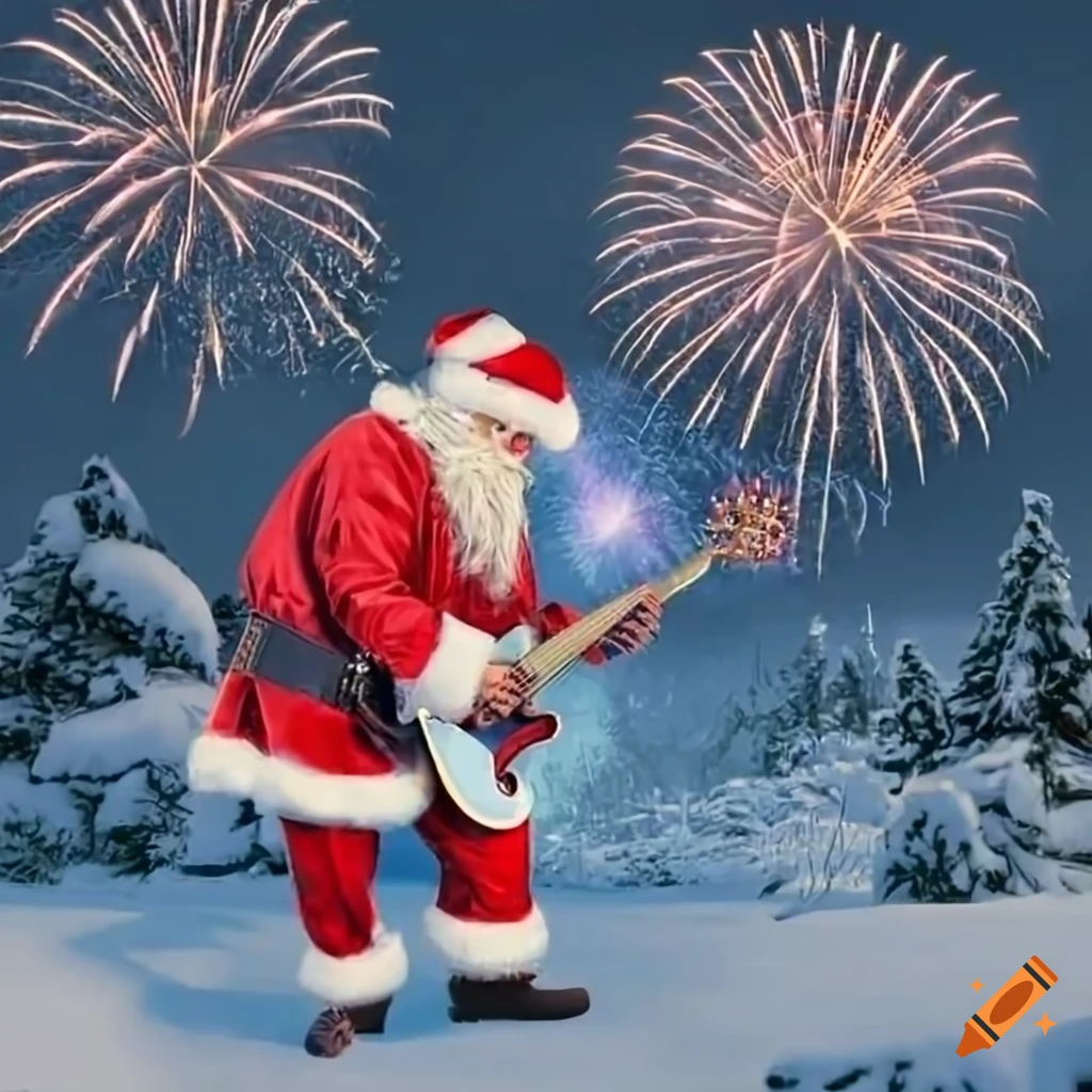 Santa playing electric guitar in snowy field with fireworks in the sky ...