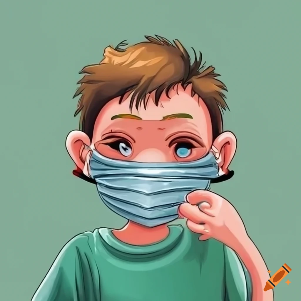 Cartoon of a boy wearing a mask eating dimsum on Craiyon
