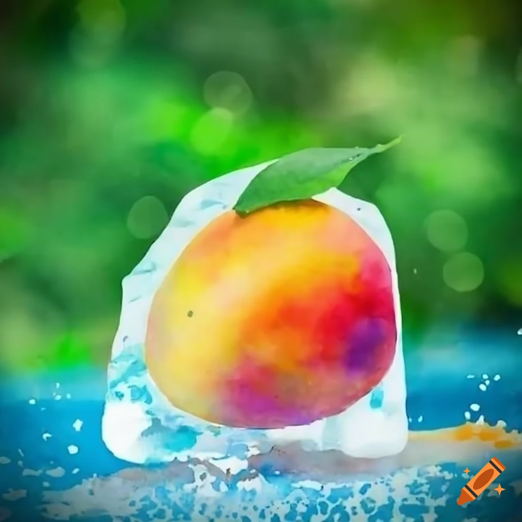 Mango encased in an ice cube with colorful paint splashes on Craiyon