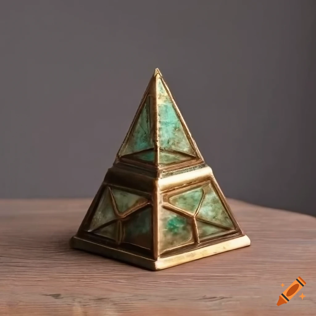 Bronze metallic pyramid with jade inserts on wooden desk on Craiyon