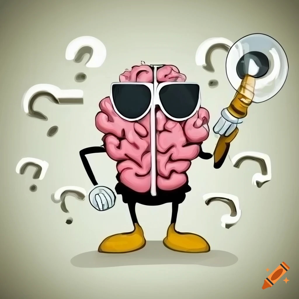 Cartoon brain with sunglasses and magnifying glass surrounded by ...