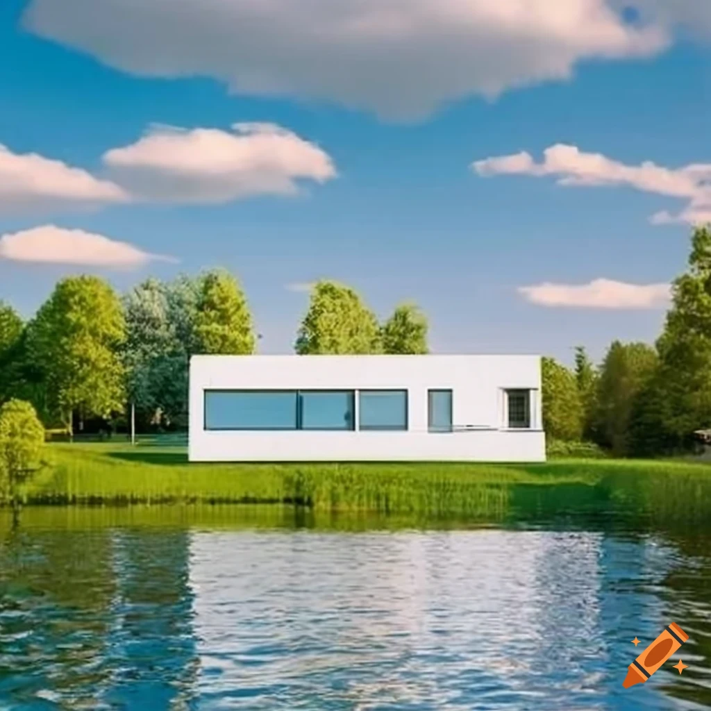 Contemporary white building with green roofs in a polish park on Craiyon