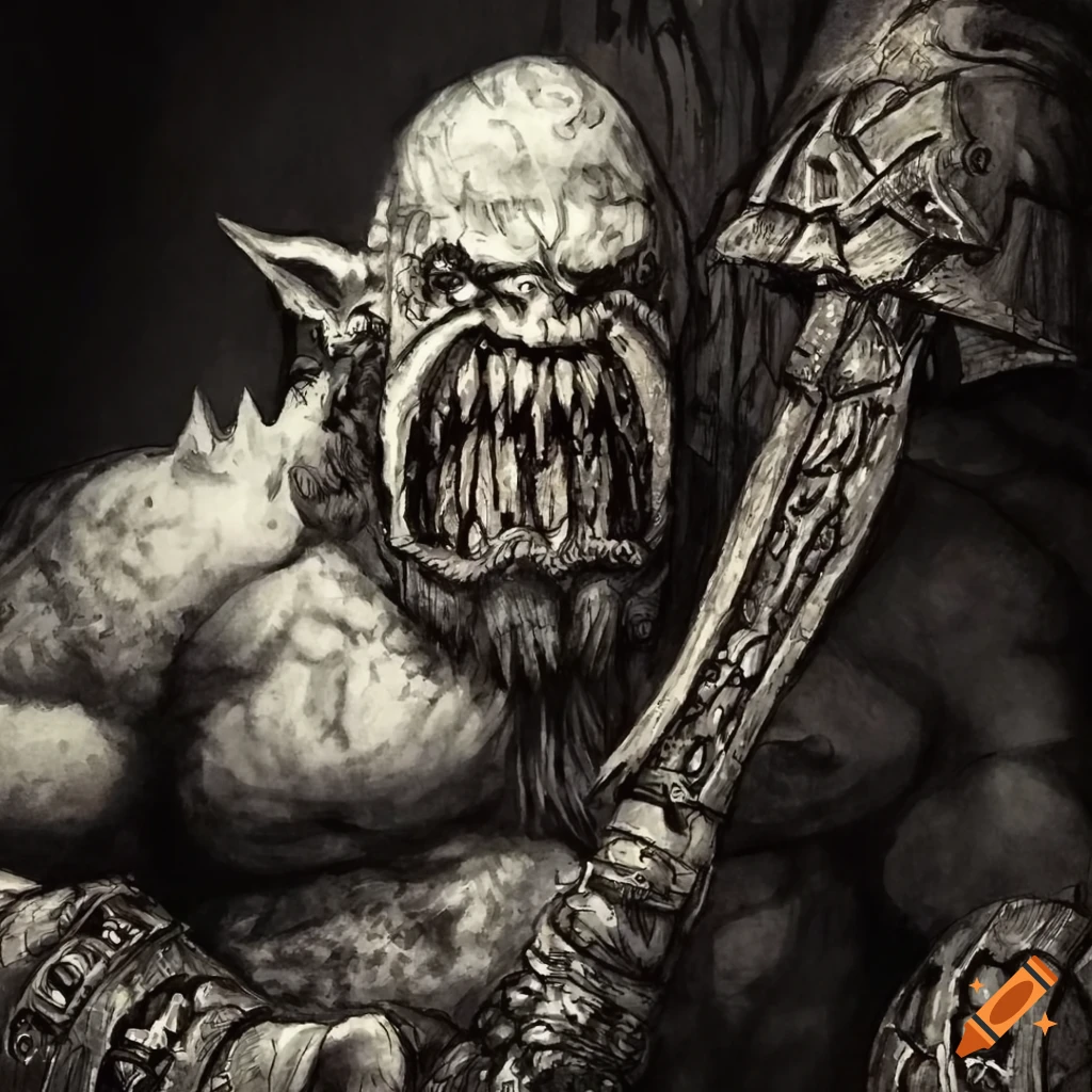 Ink drawing of an orc warlord with a double-bladed axe on Craiyon