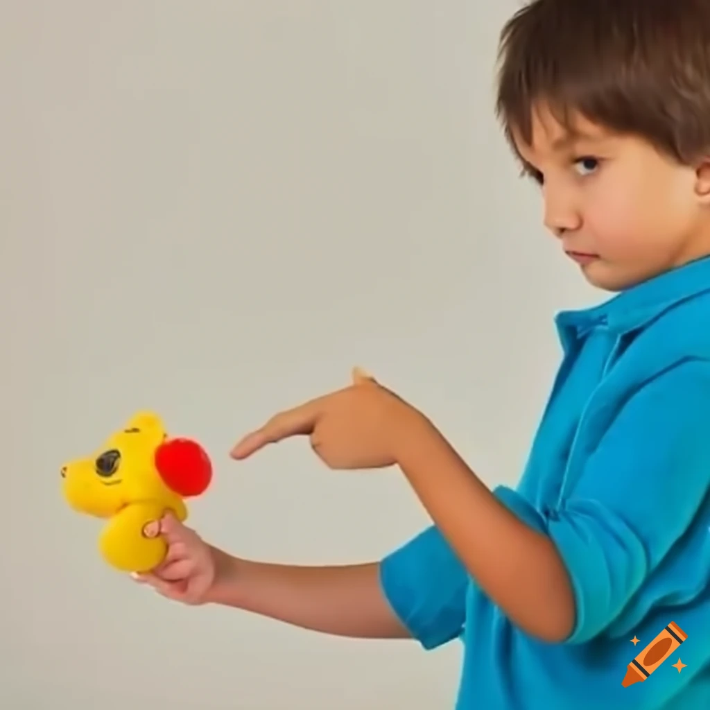 Boy pointing at a toy on Craiyon