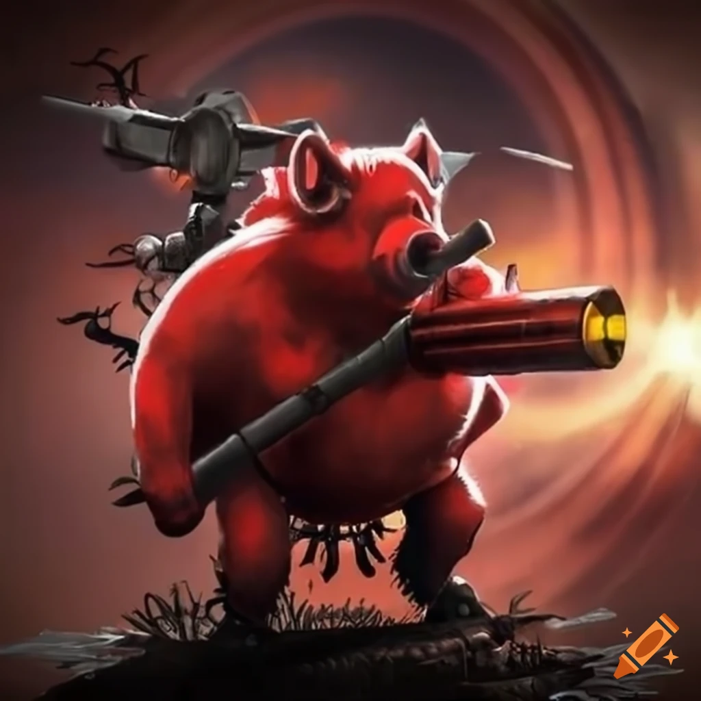 Red pig combat plane with cannon in a fantasy setting on Craiyon