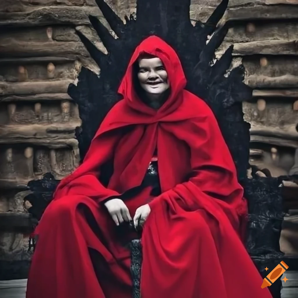Figure in red robe sitting on a throne of bones with a hood covering ...