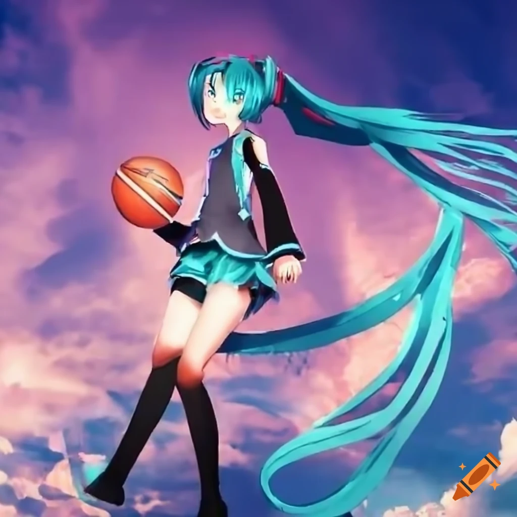 Vocaloid hatsune miku playing basketball in the sky on Craiyon