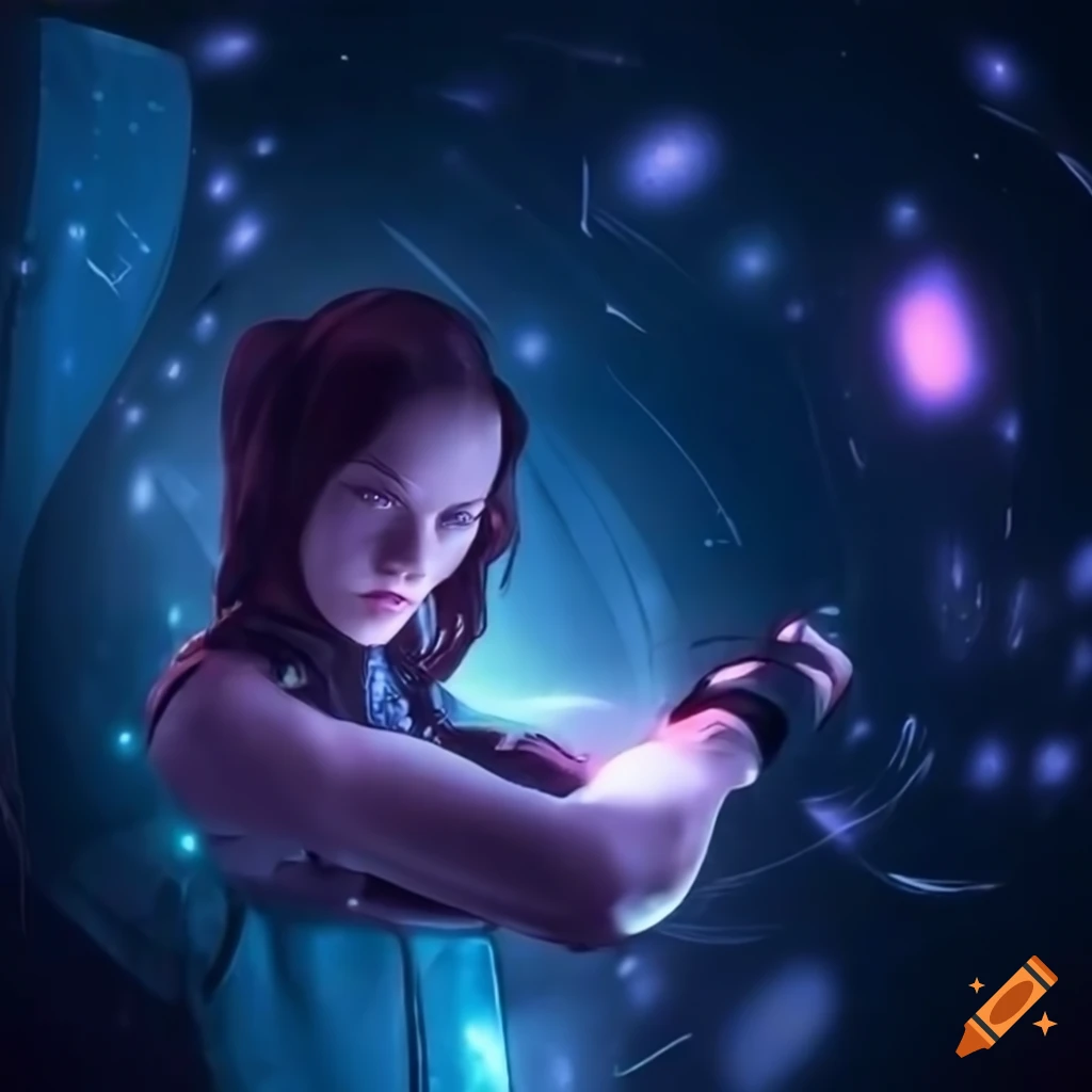 Female time traveler holding a device with a futuristic timeboat in the ...