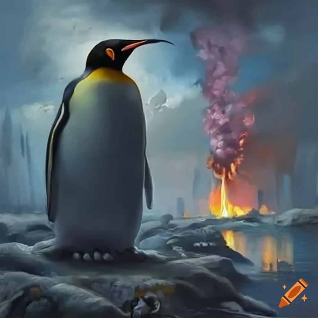 Giant evil emperor penguin destroying a city on Craiyon