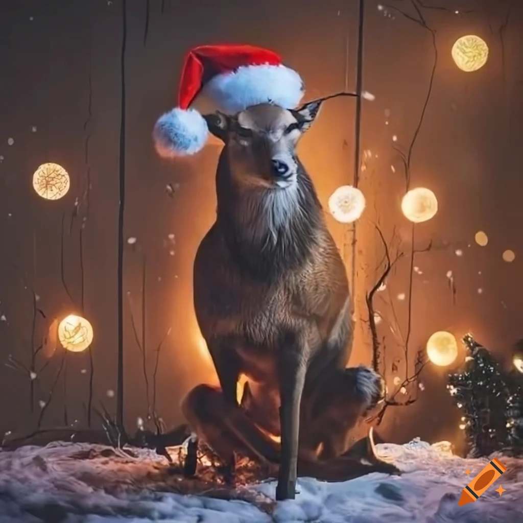 Elegant jagermeister stag with santa's hat in snowy forest on Craiyon