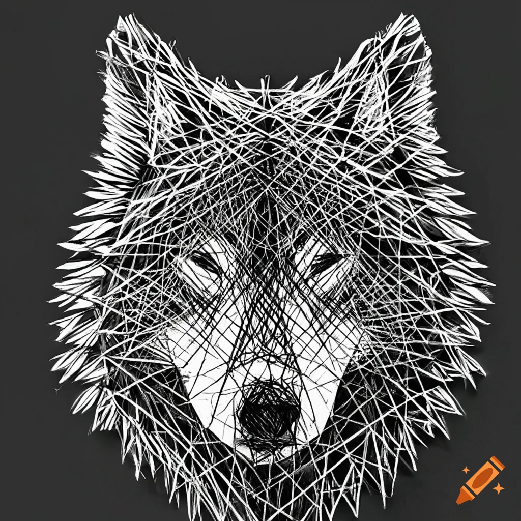 Abstract black and white string art of a wolf head on Craiyon