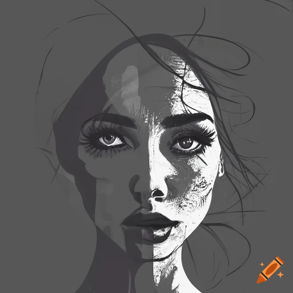 Black and white silhouette of a woman's face in thrash art on Craiyon