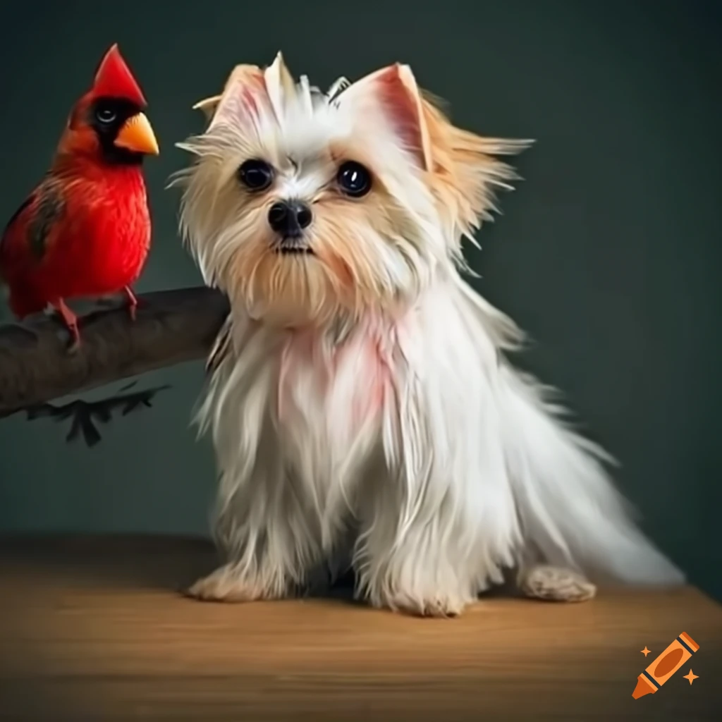 Cardinal bird and morkie dog together on Craiyon