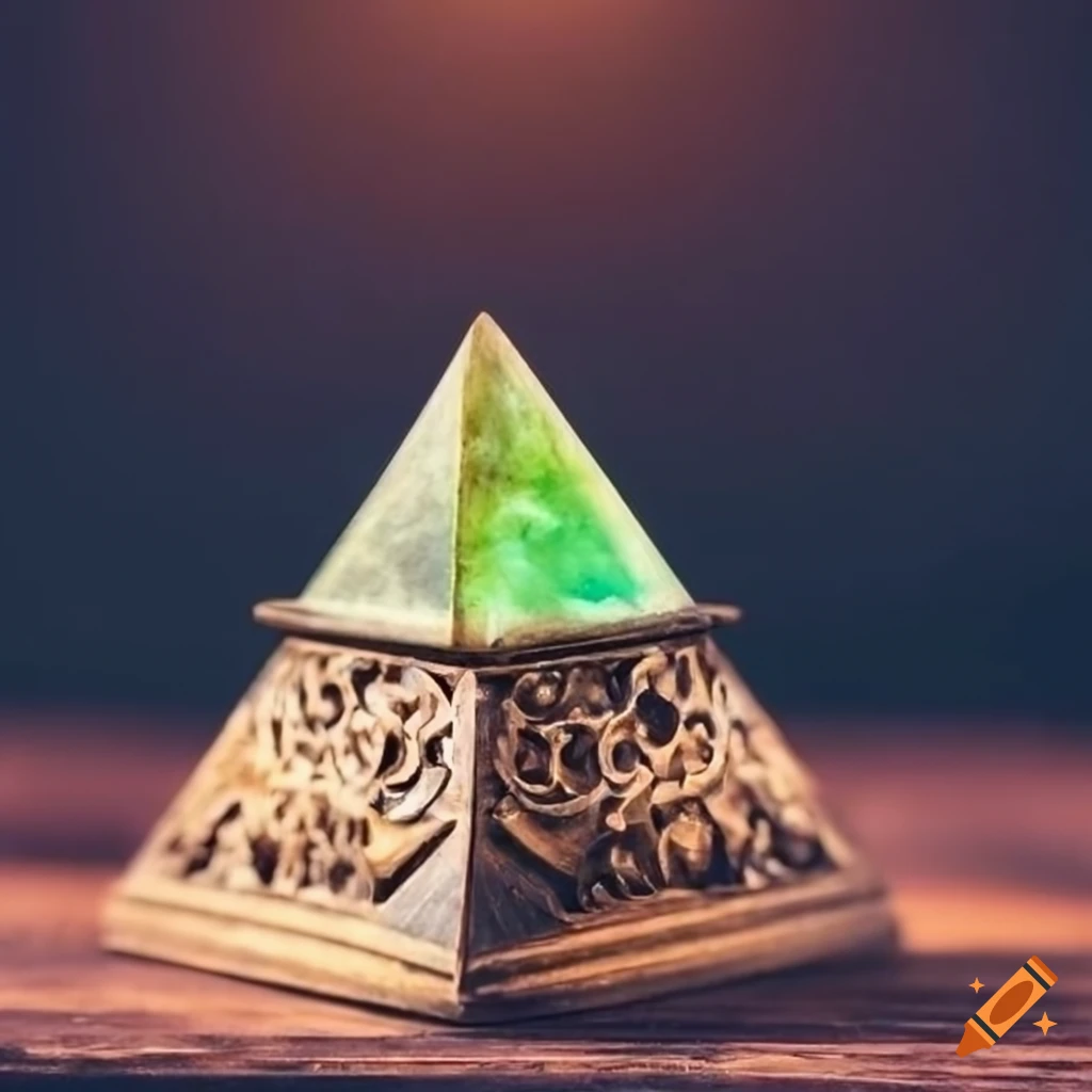 Ornamental bronze pyramid with jade inserts on a dusty wooden desk on ...