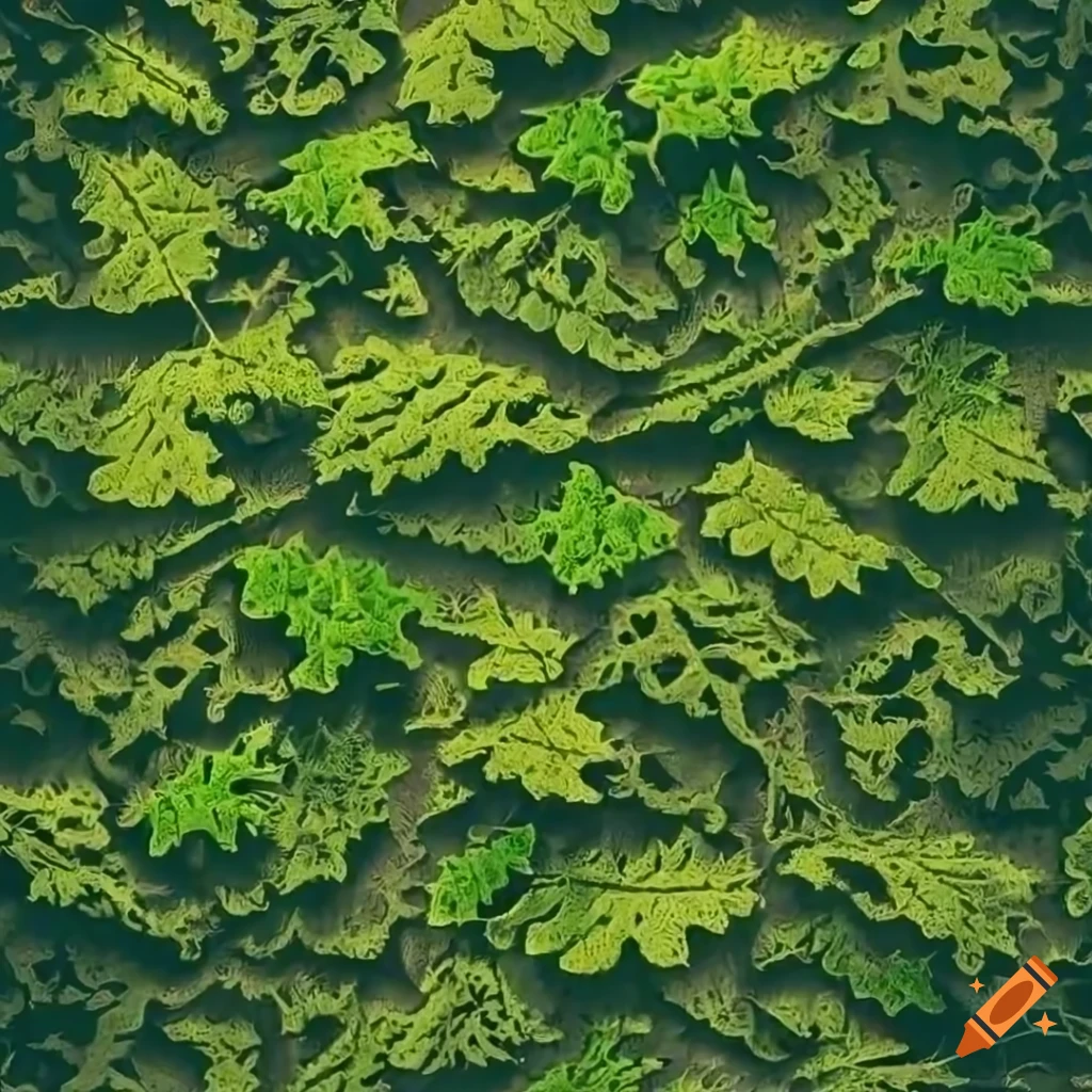 Moss and oak tree pattern with leaves and branches in textured web ...
