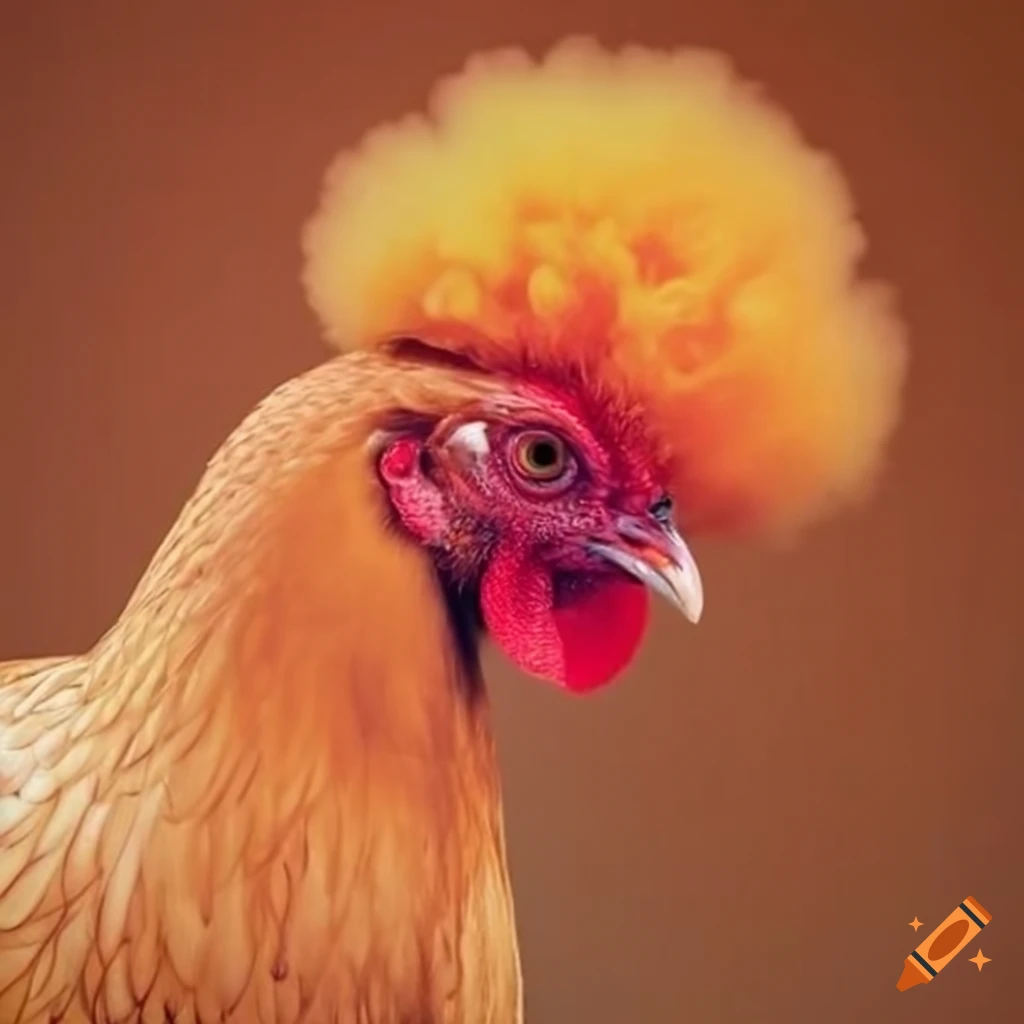 Rhode island red chicken with orange afro wig on Craiyon
