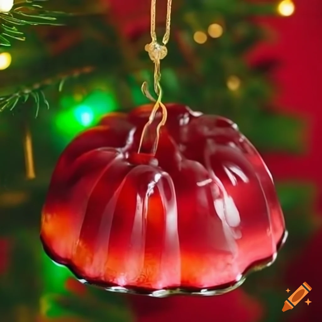 Cranberry jello molds hanging on a christmas tree on Craiyon