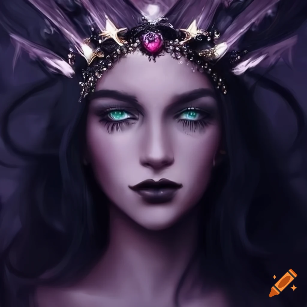 Portrait of a beautiful goddess with a crown and dark pastel tones on ...