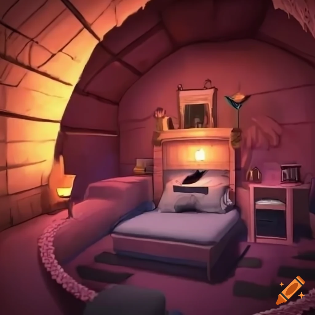 Huge cave bedroom interior with a vtuber on Craiyon