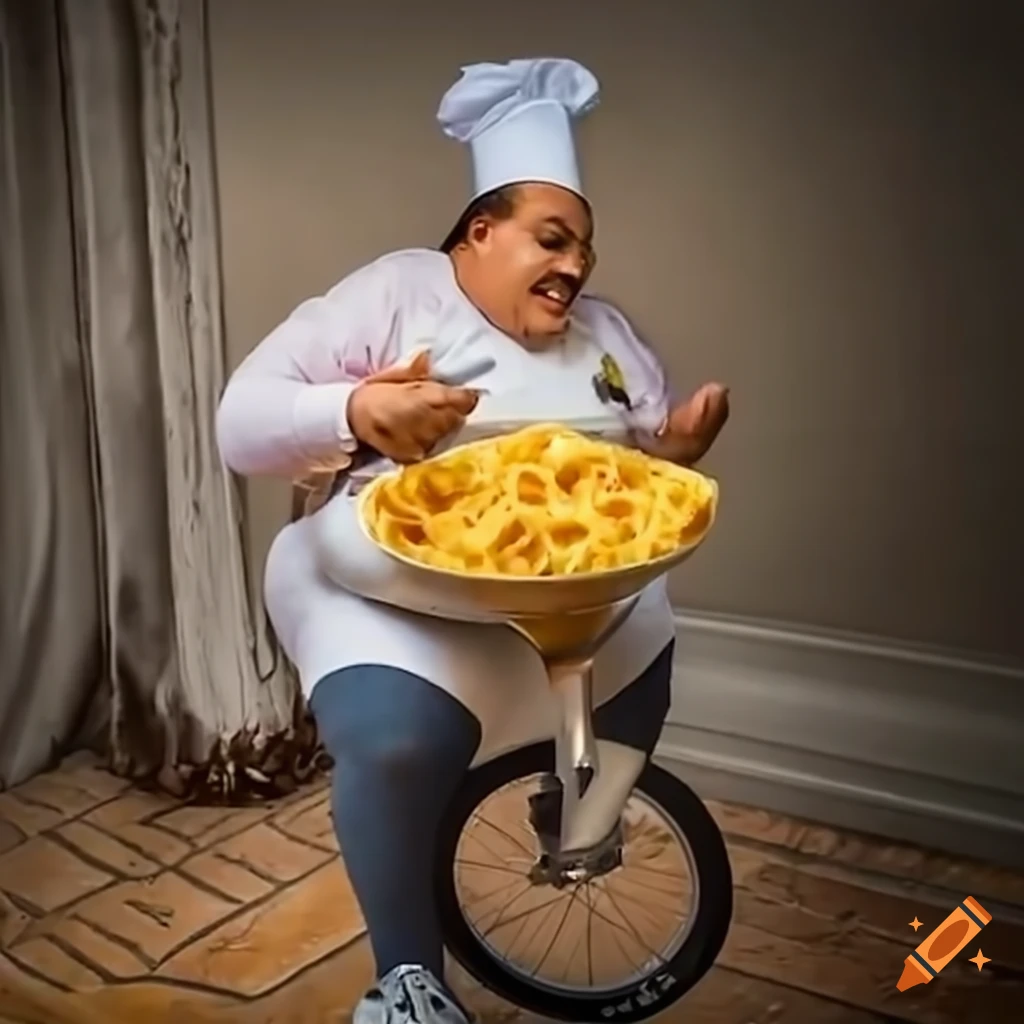 Funny chef on unicycle enjoying mac and cheese on Craiyon