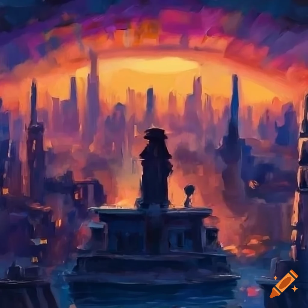 Intricate cityscape with sky bridges and bustling fantastical characters on Craiyon