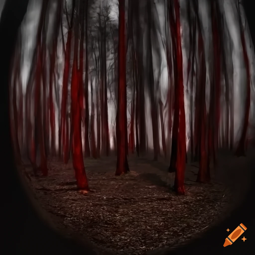 Eerie forest with bloody trees in a fisheye lens perspective during ...