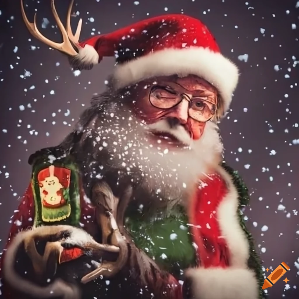 Jagermeister stag with santa in the snow on Craiyon