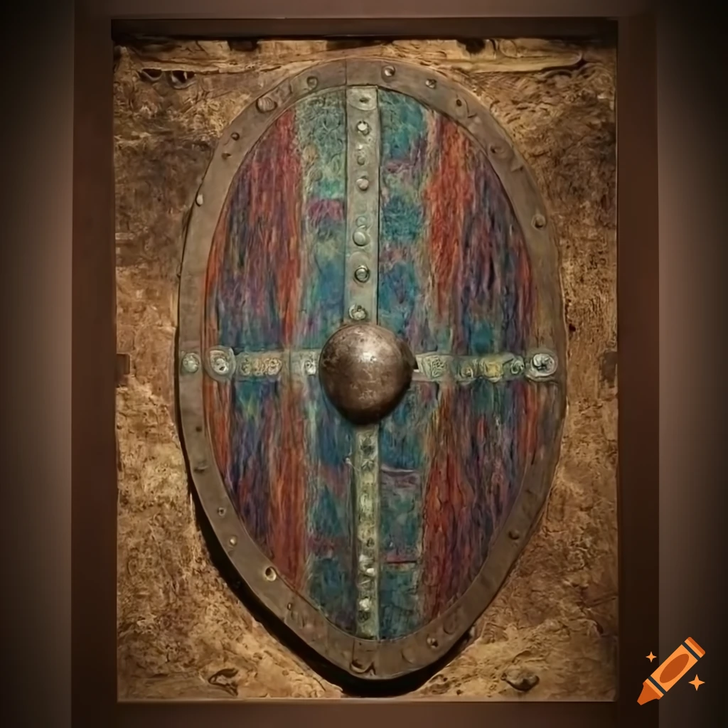 Viking wood shield displayed in museum gallery on Craiyon