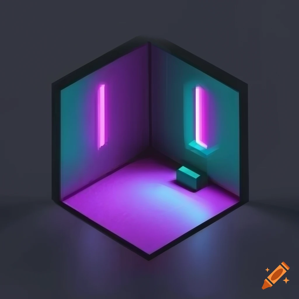 Isometric view of an empty black concrete room with neon rainbow LED ...
