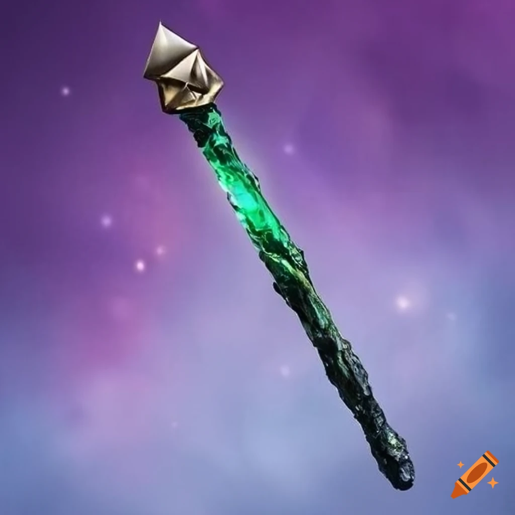Realistic long magic wand with purple and green crystals and metal on ...