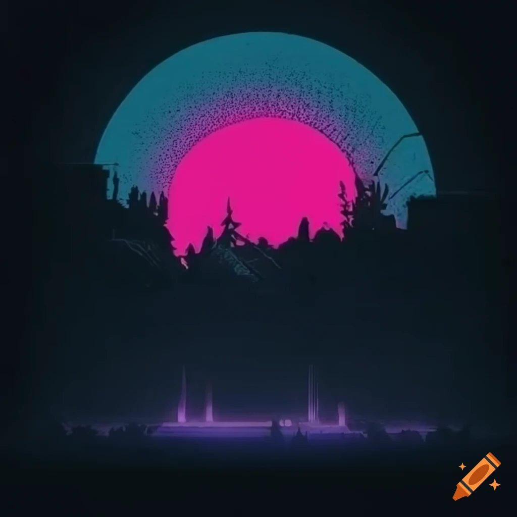 Synthwave city in traditional japanese woodblock art style on Craiyon