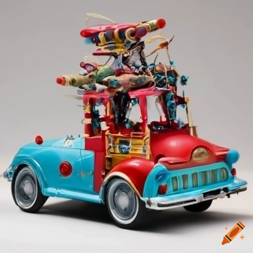 Surreal collection of strange toys, cars, trucks, dolls, metal houses ...