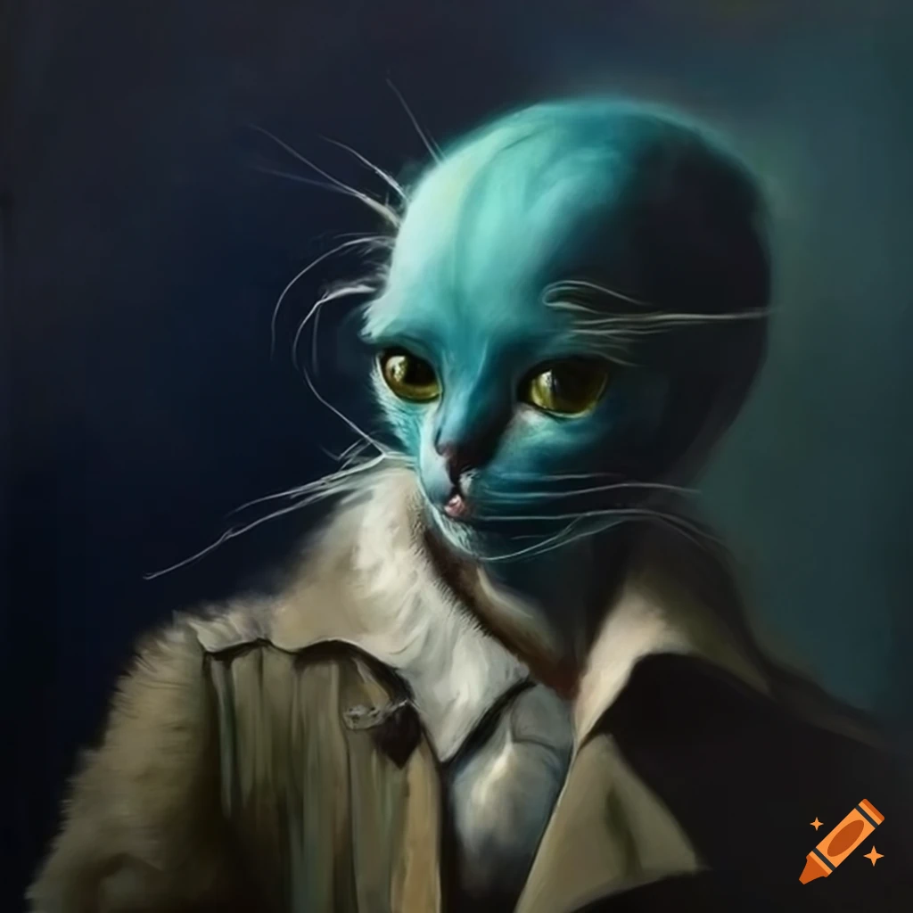 Enigmatic painting of a turquoise-colored cat and an otherworldly ...