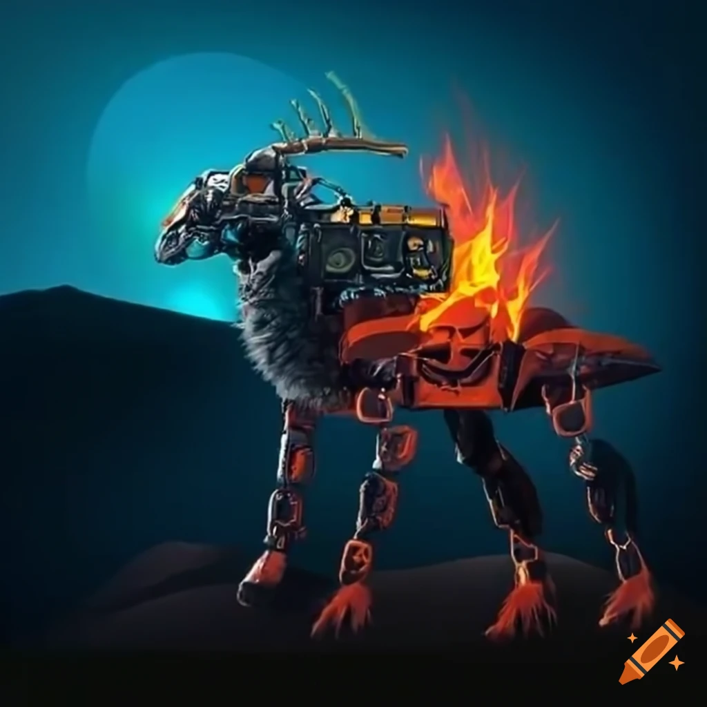 Machine goat in desert with scorpion, dunes, volcano fire, and robots ...