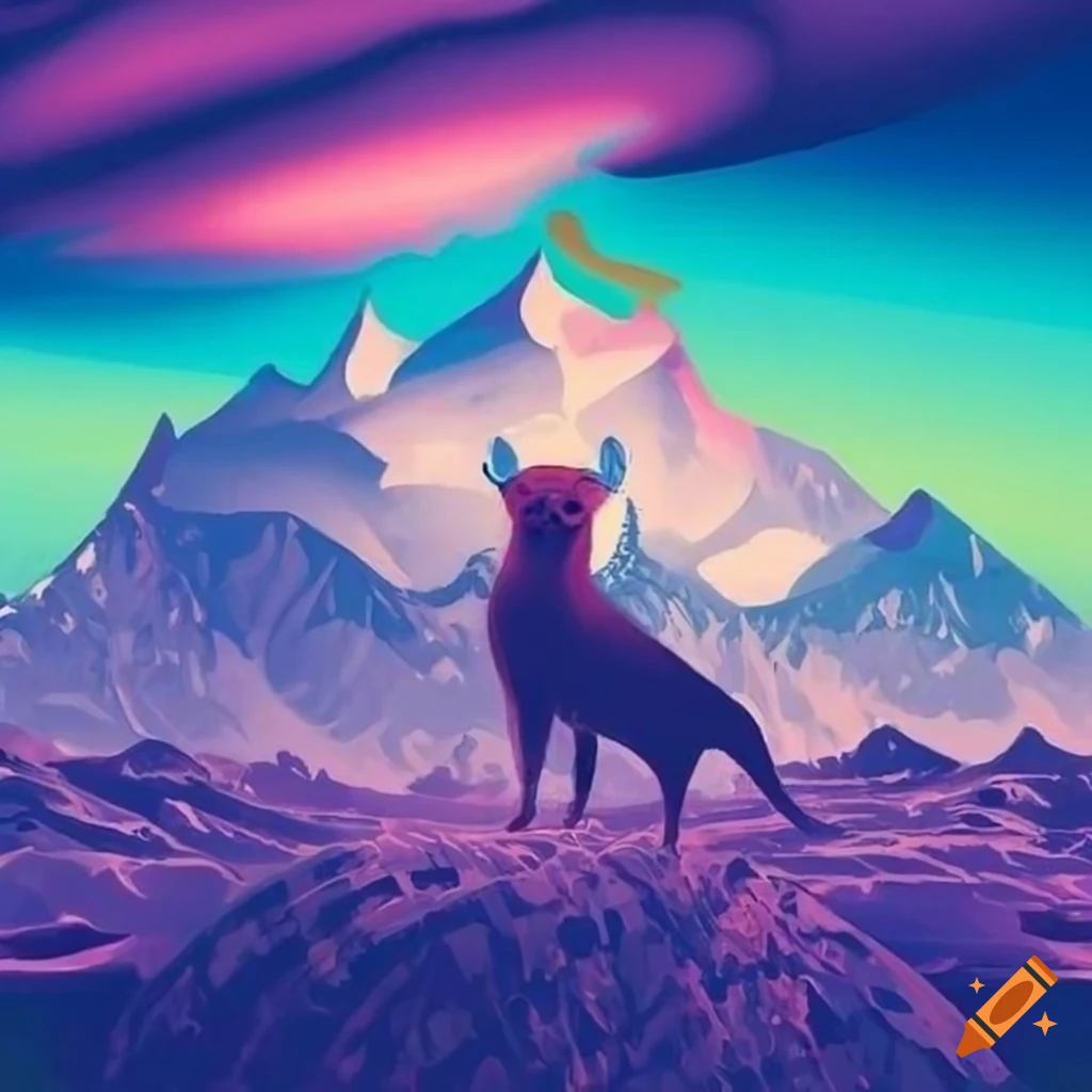 Abstract representation of an animal engine with snowy mountains in the ...