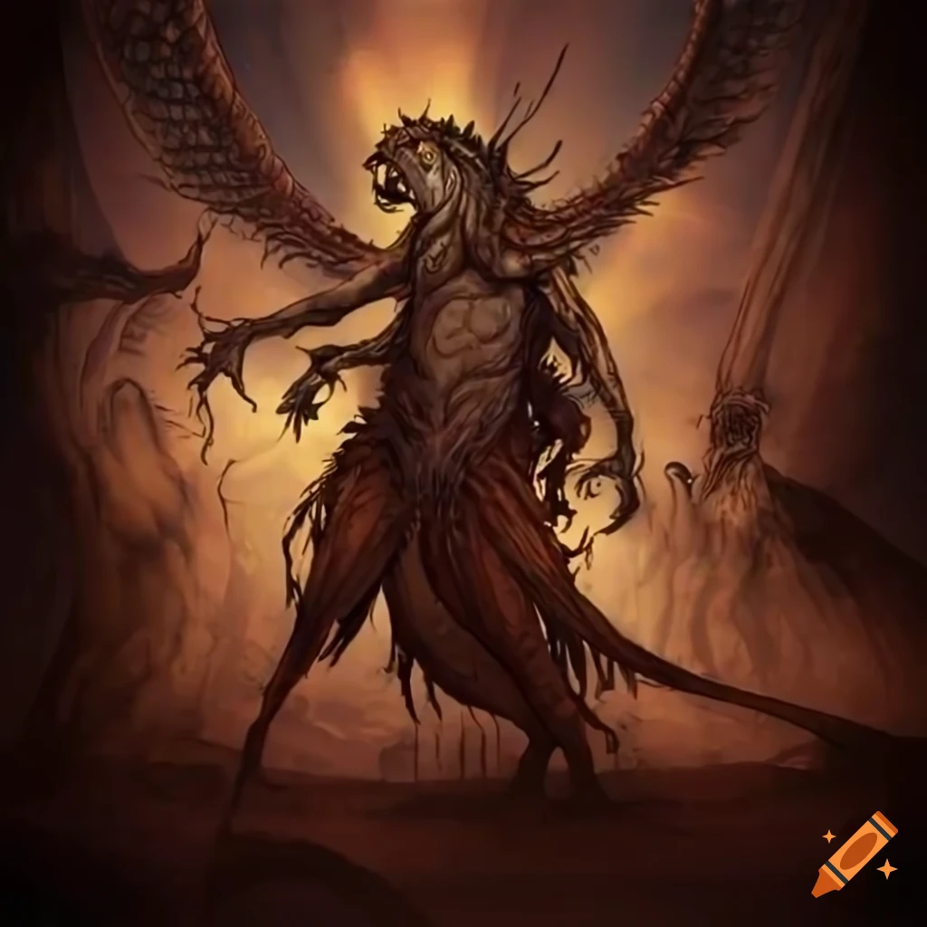 Illustration of mythological creature in an intense battle scene on Craiyon